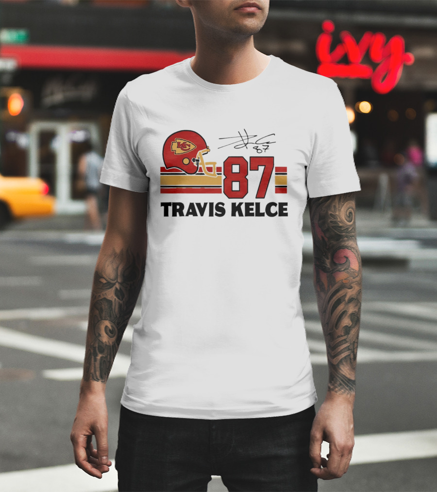 Kansas City Chiefs Travis Kelce 87 Red Gold Helmet Stripes T-Shirt