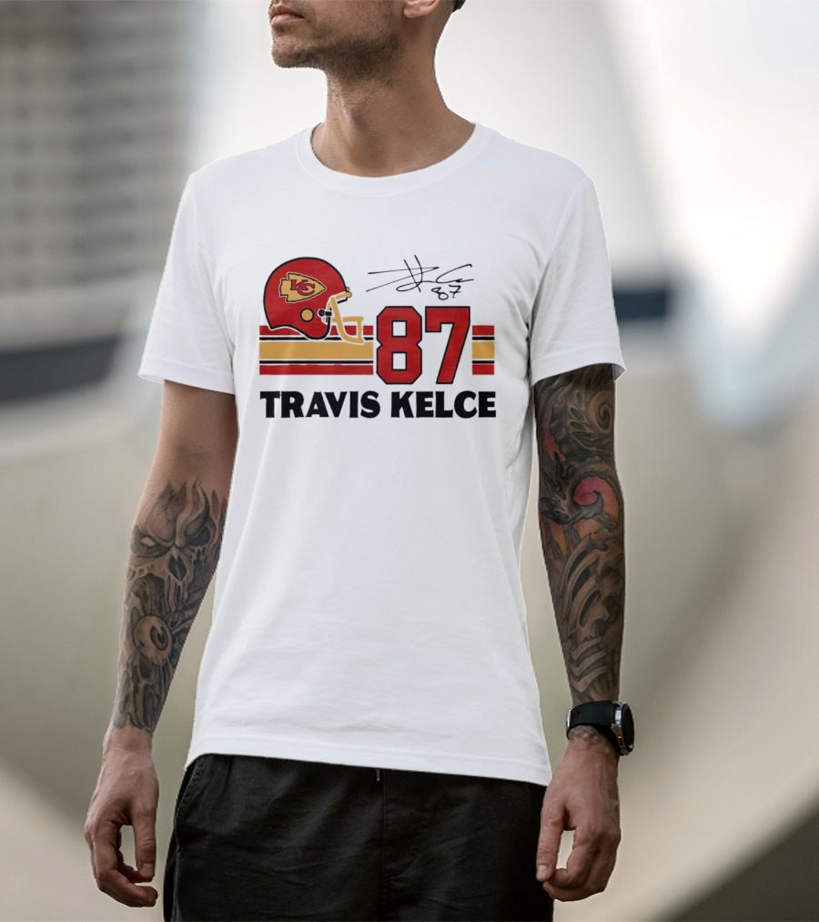Kansas City Chiefs Travis Kelce 87 Red Gold Helmet Stripes T-Shirt