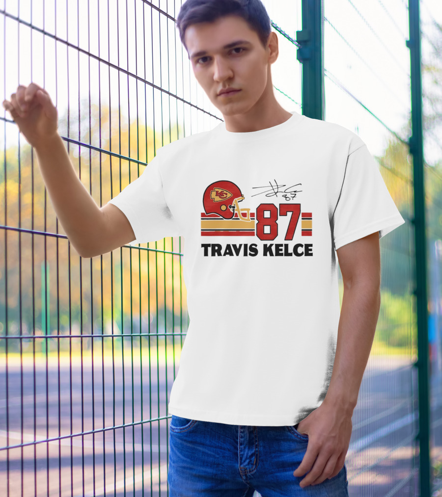 Kansas City Chiefs Travis Kelce 87 Red Gold Helmet Stripes T-Shirt