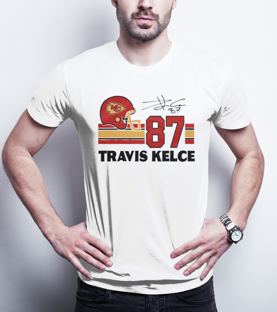 Kansas City Chiefs Travis Kelce 87 Red Gold Helmet Stripes T-Shirt