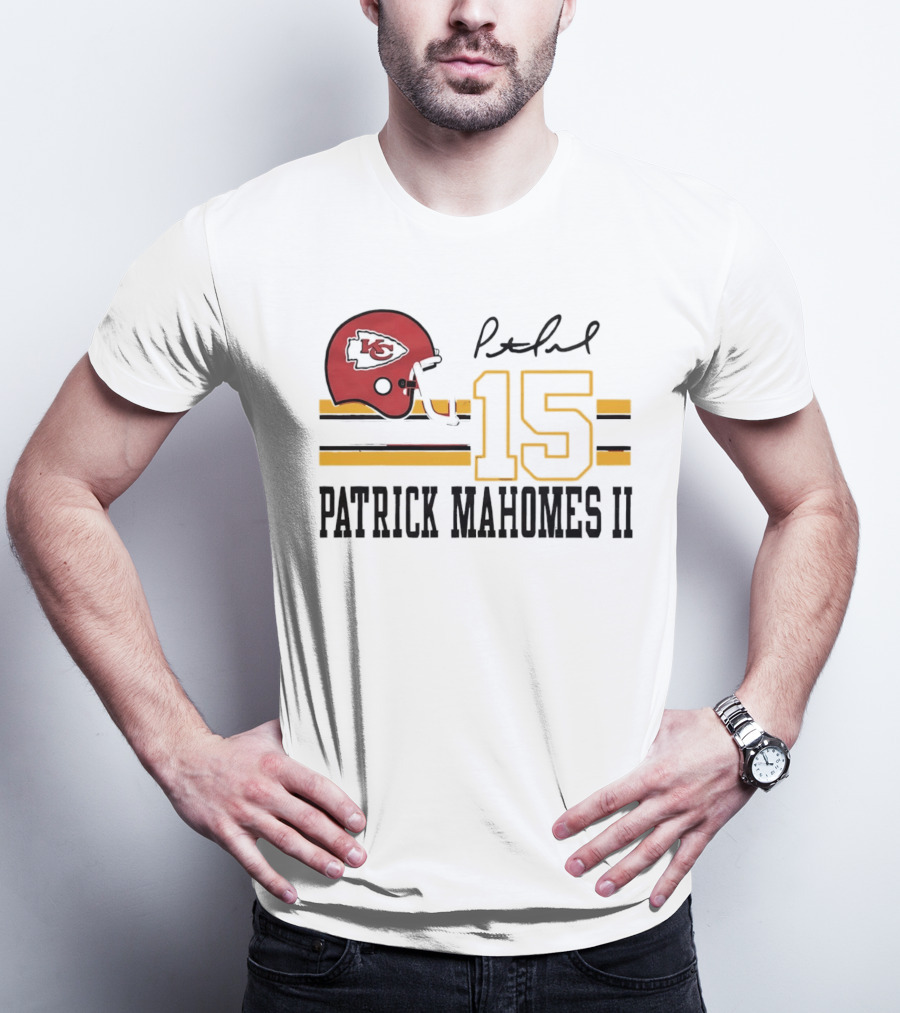 Kansas City Chiefs Patrick Mahomes II Number 15 Signature Football Helmet Stripes T-Shirt