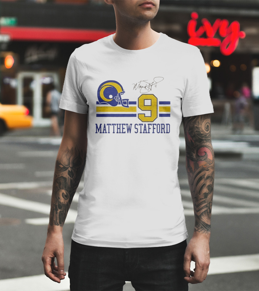 Los Angeles Rams Matthew Stafford Helmet Autograph Number 9 Blue Yellow Stripes T-Shirt
