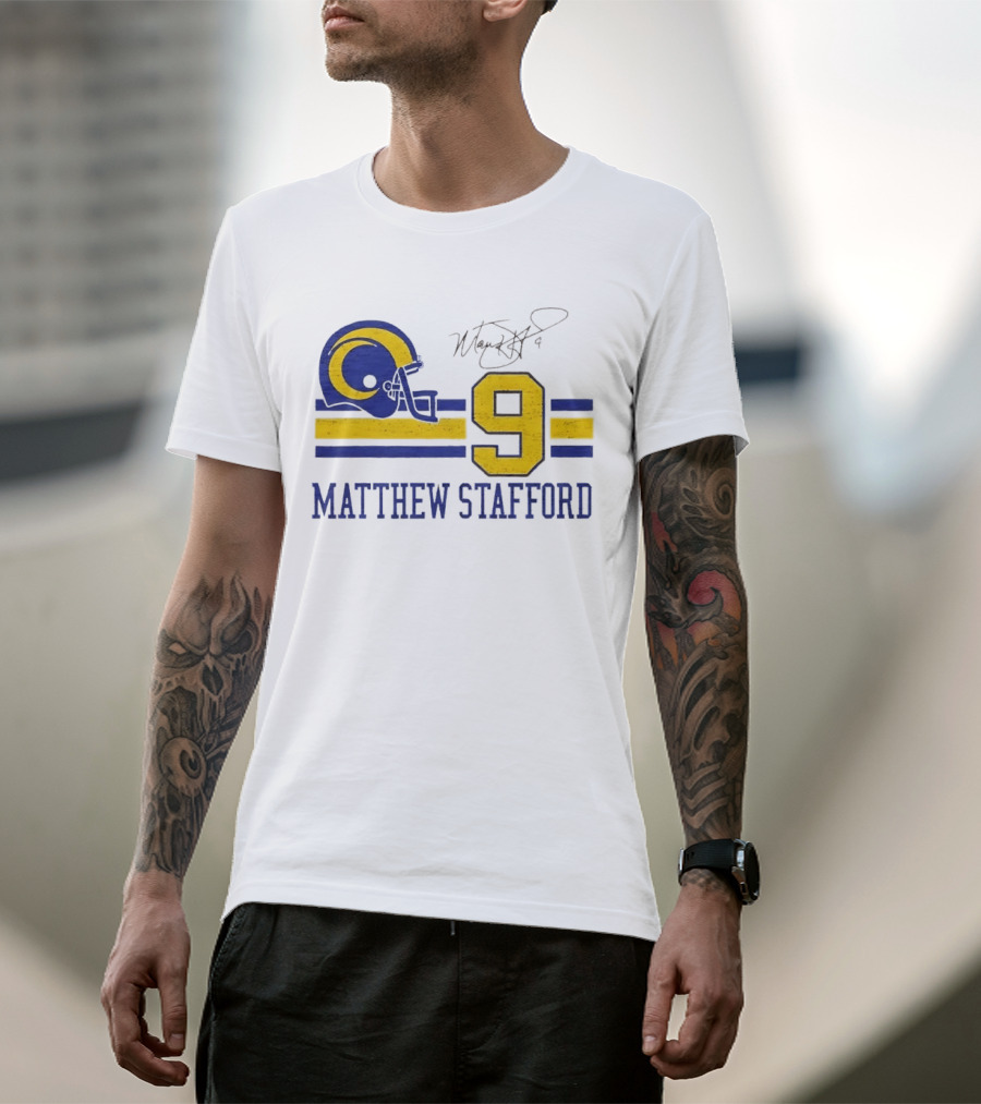Los Angeles Rams Matthew Stafford Helmet Autograph Number 9 Blue Yellow Stripes T-Shirt