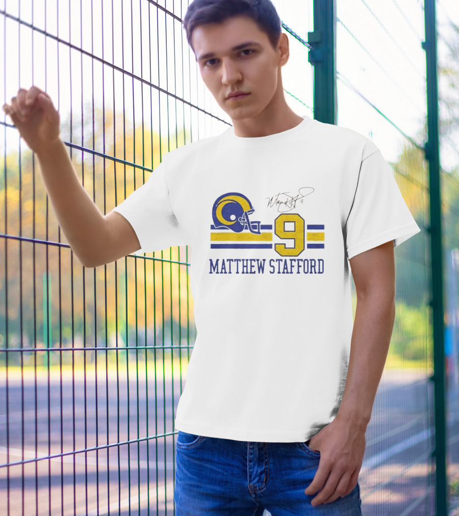 Los Angeles Rams Matthew Stafford Helmet Autograph Number 9 Blue Yellow Stripes T-Shirt