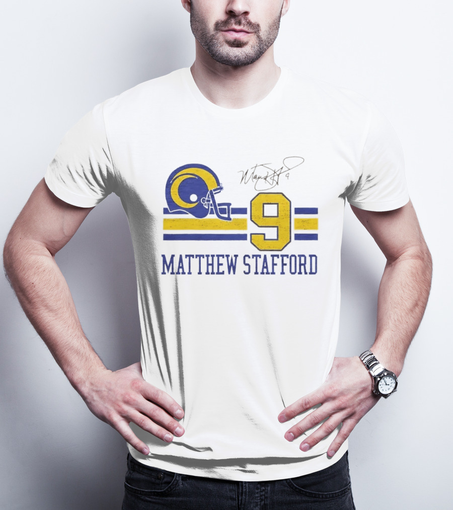 Los Angeles Rams Matthew Stafford Helmet Autograph Number 9 Blue Yellow Stripes T-Shirt