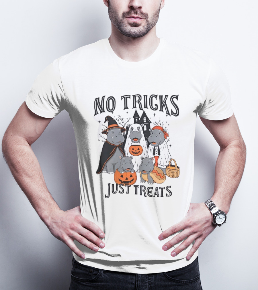 No Tricks Just Treats Hippos With Pumpkins Halloween Costumes T-Shirt