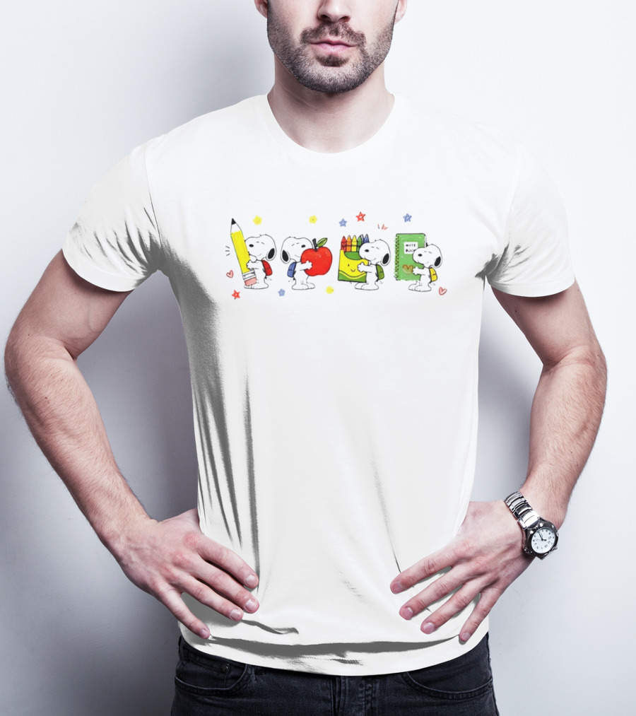 Peanuts Snoopy Cartoon Characters With School Supplies Pencil Apple Crayons Notebook T-Shirt