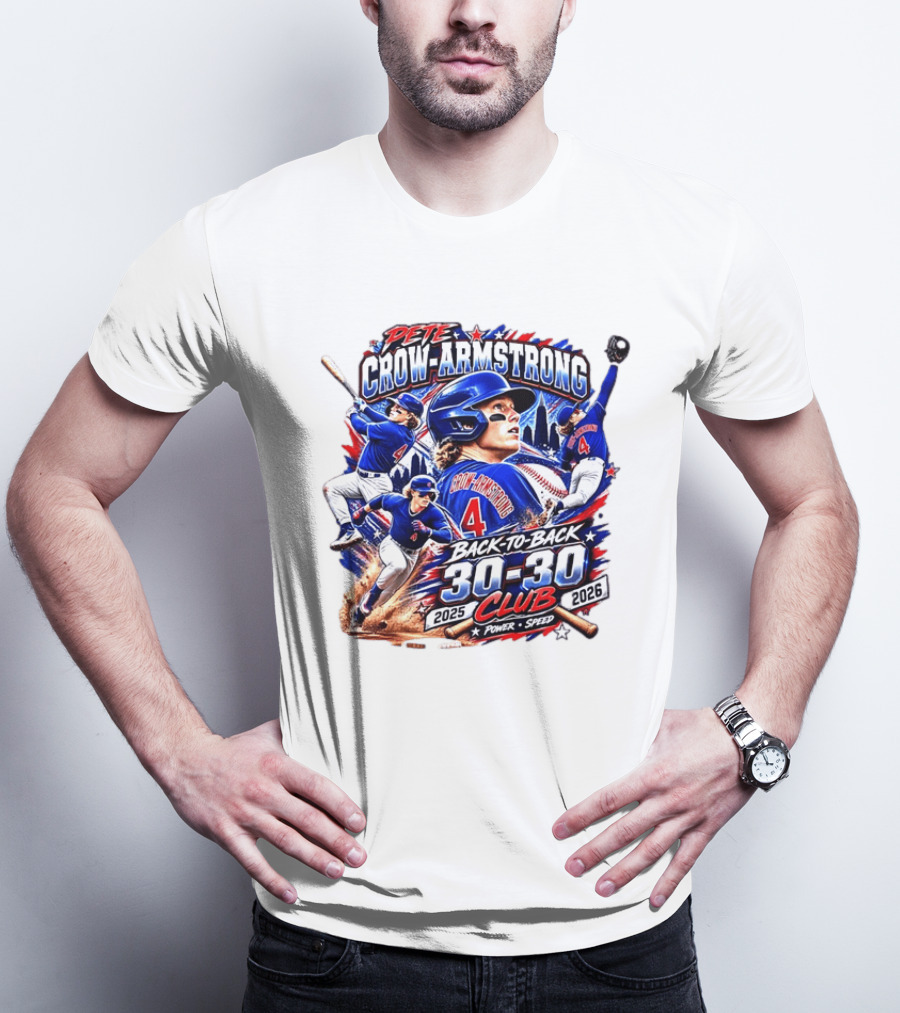 Pete Crow Armstrong Back To Back 30 30 Club 2025 2026 Power Speed Chicago Baseball Action Skyline T-Shirt