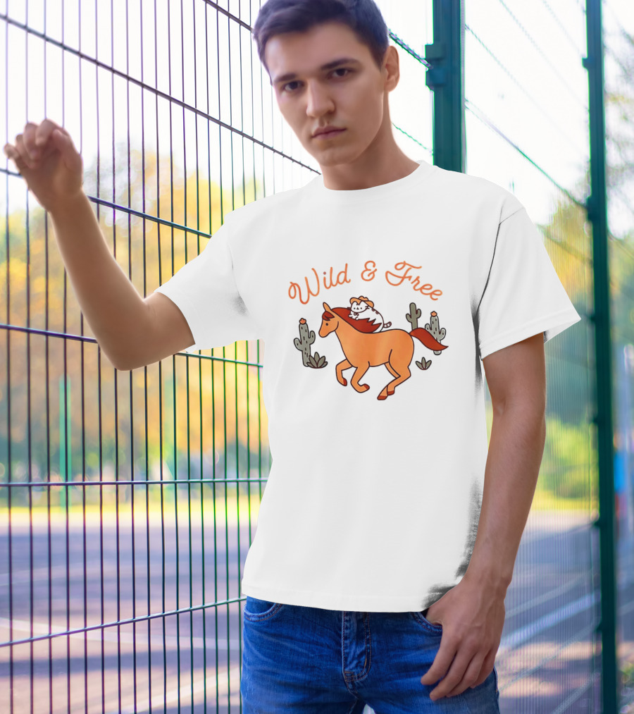 Wild And Free Cartoon Cowboy Cat Galloping Horse Cactus Scene T-Shirt