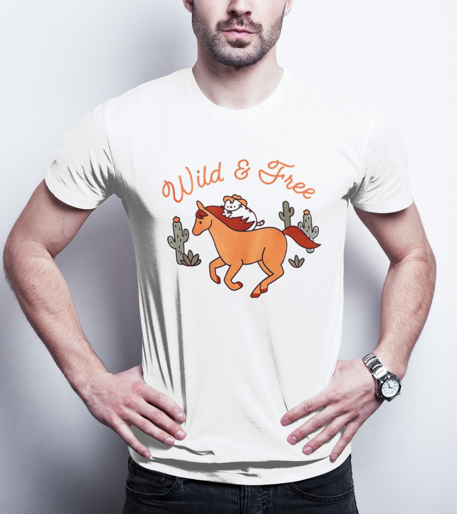Wild And Free Cartoon Cowboy Cat Galloping Horse Cactus Scene T-Shirt