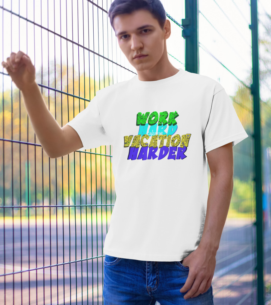 Work Hard Vacation Harder Emoji Patterned Colorful T-Shirt