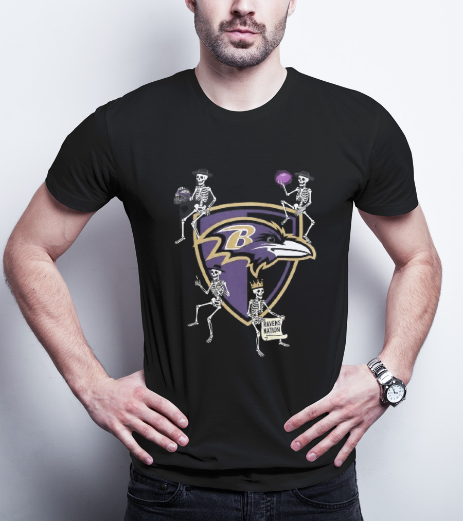 Baltimore Ravens Nation Skeletons Football Helmet Shield Ravens Logo Halloween T-Shirt