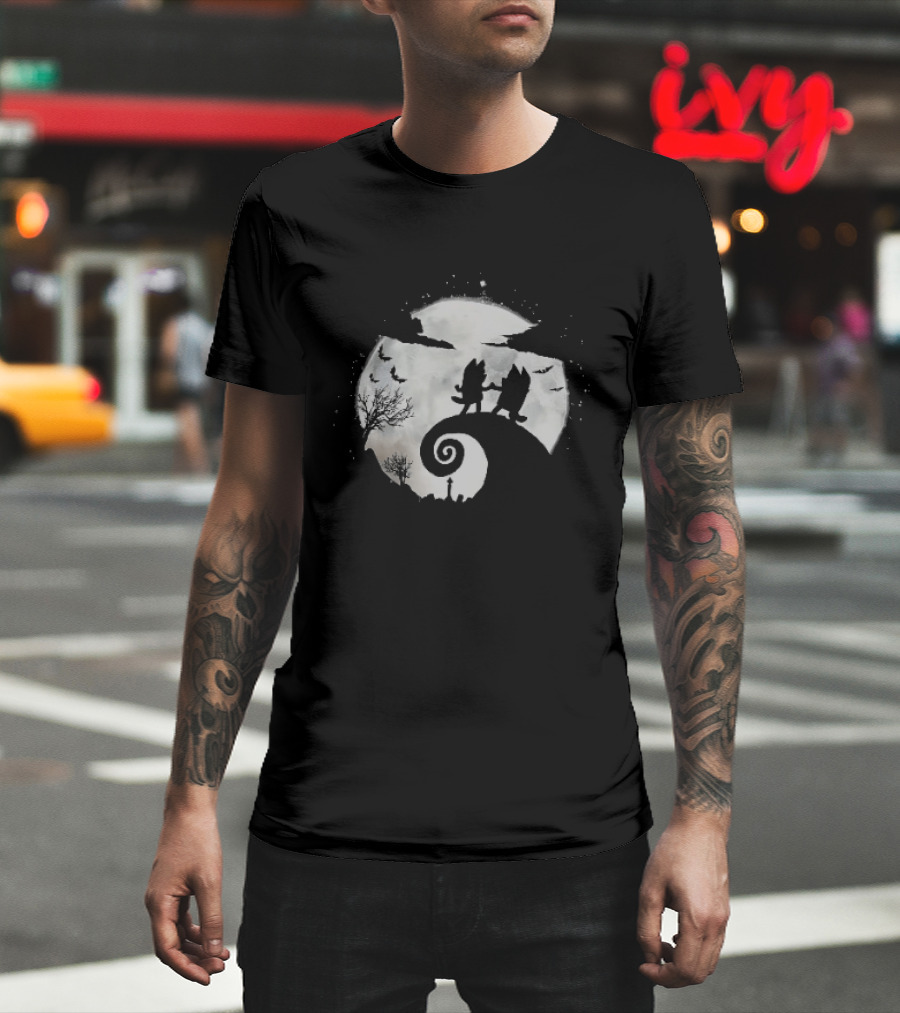 Bluey And Bingo Halloween Mashup With Iconic Moonlit Hill Scene T-Shirt