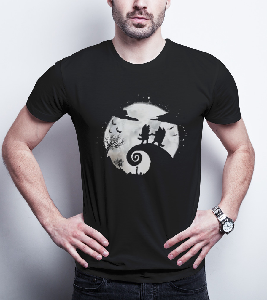 Bluey And Bingo Halloween Mashup With Iconic Moonlit Hill Scene T-Shirt