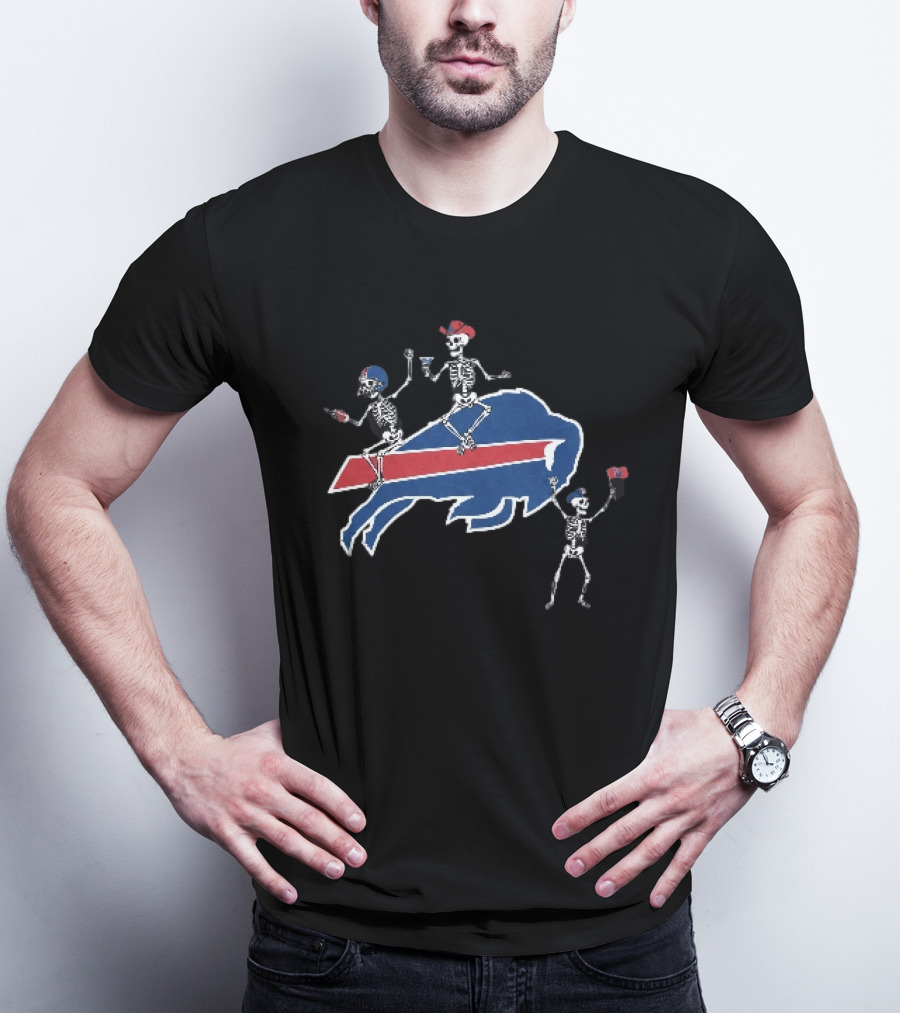 Buffalo Bills Skeletons Riding Logo With Cowboy Hats And Footballs T-Shirt