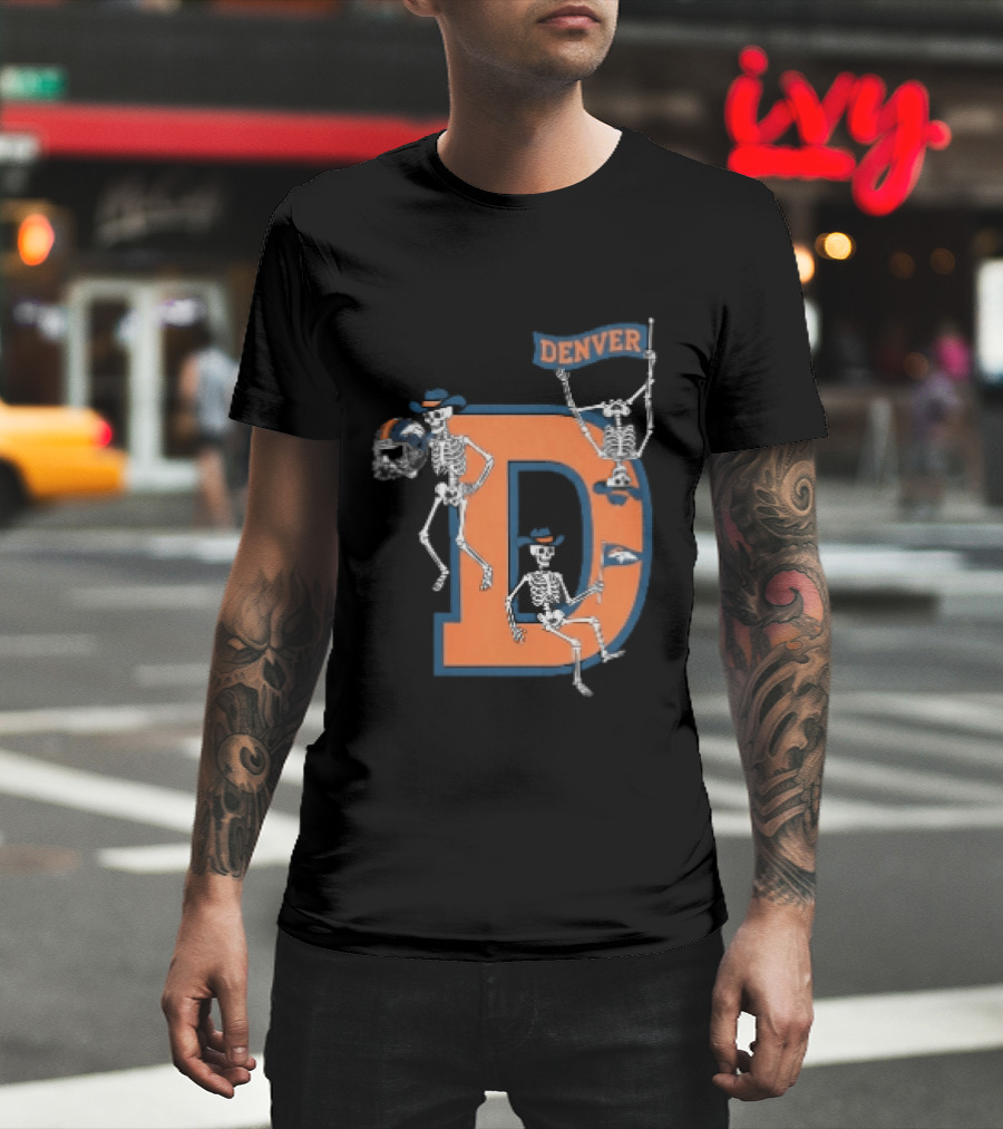 Denver Broncos Skeletons Cowboy Hats Big D Helmet Flag Orange T-Shirt