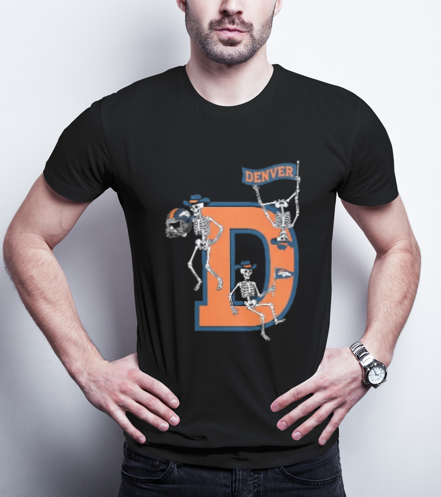 Denver Broncos Skeletons Cowboy Hats Big D Helmet Flag Orange T-Shirt