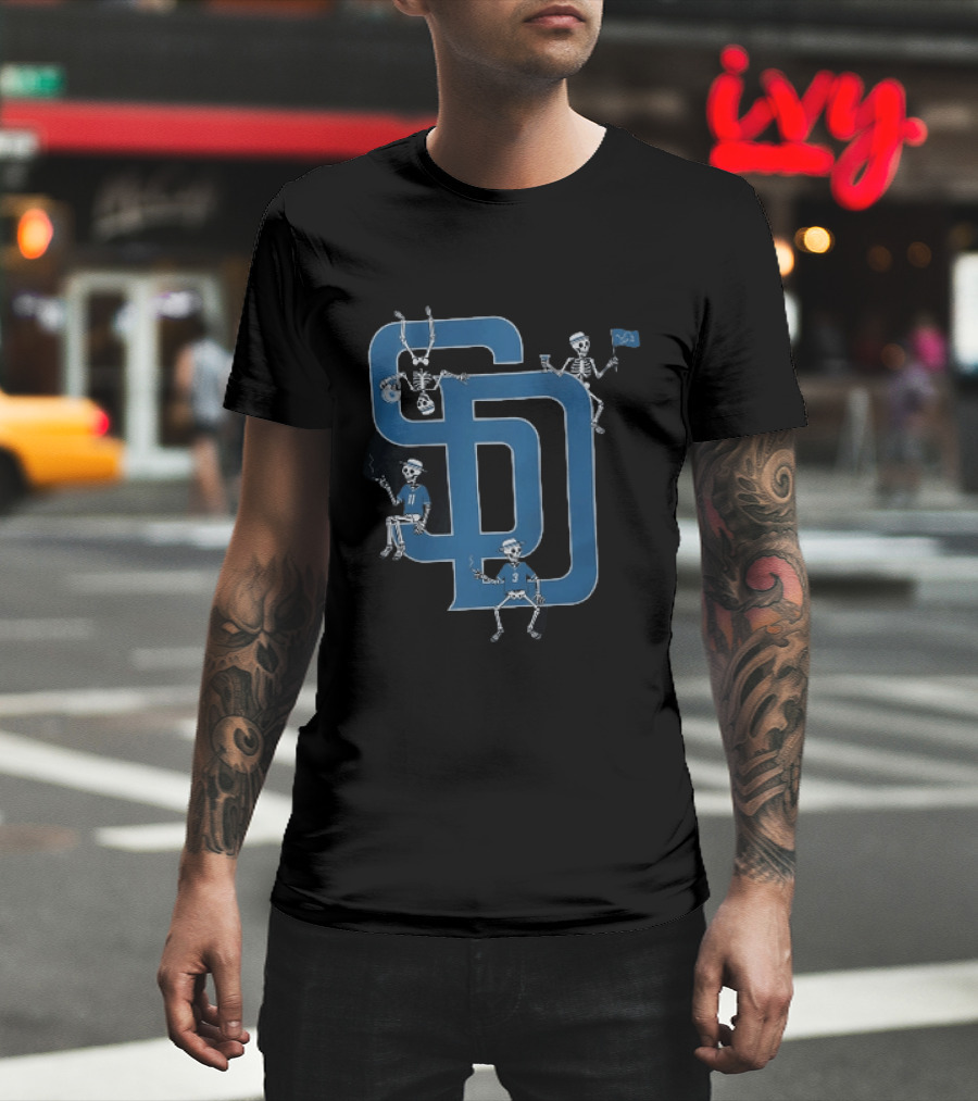 Detroit Lions San Diego Padres MLB Skeletons Interlocking SD T-Shirt