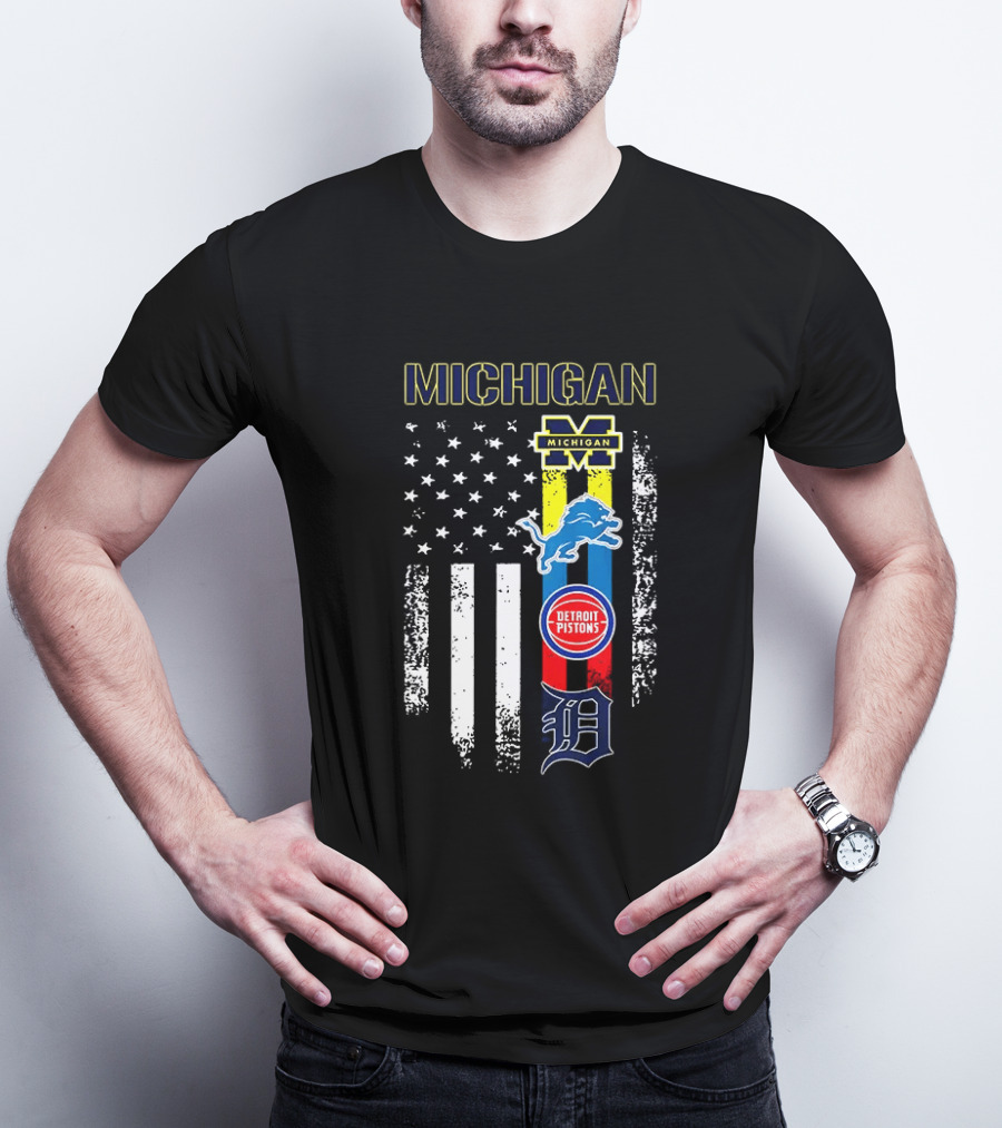 Michigan Wolverines Detroit Lions Pistons Tigers Flag T-Shirt