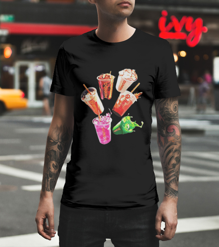 Dunkin Colorful Iced Coffee Beverages Splash With Straws T-Shirt
