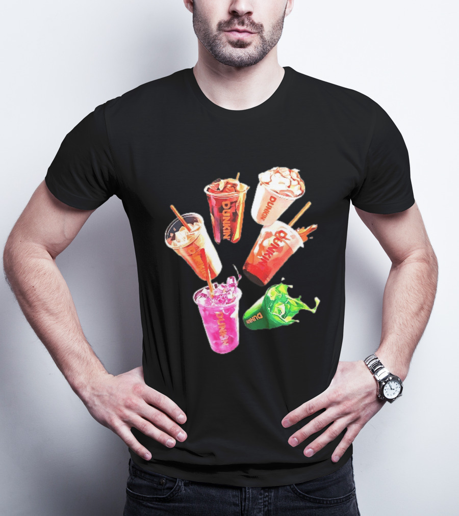 Dunkin Colorful Iced Coffee Beverages Splash With Straws T-Shirt