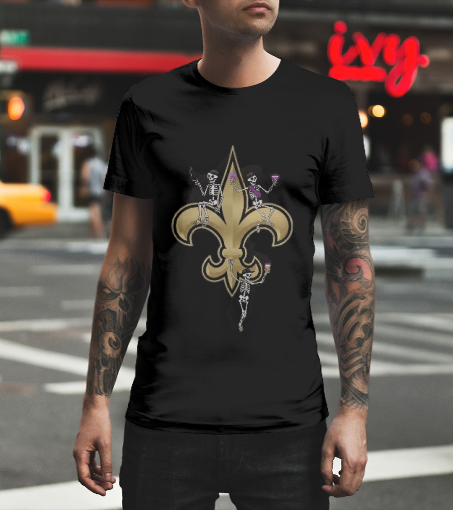 New Orleans Saints Fleur De Lis Skeletons Drinking Smoking T-Shirt