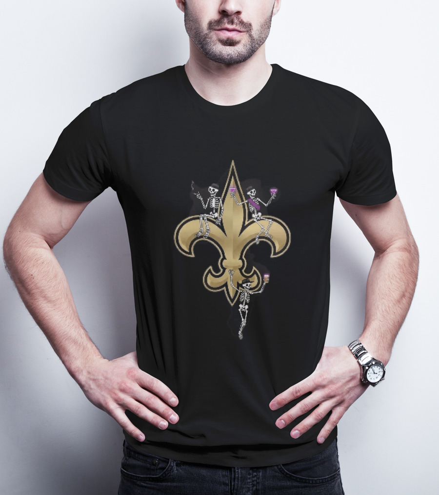 New Orleans Saints Fleur De Lis Skeletons Drinking Smoking T-Shirt