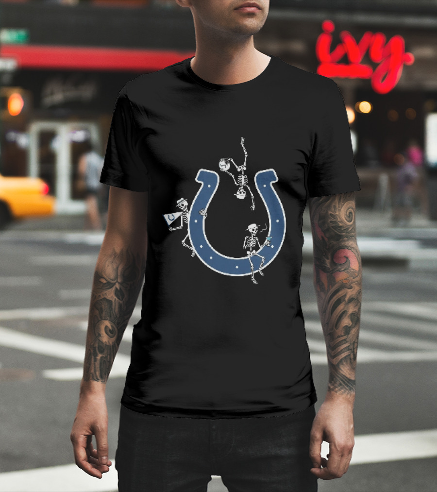 Indianapolis Colts Skeletons Celebrating With Hats And Drink By Horseshoe T-Shirt