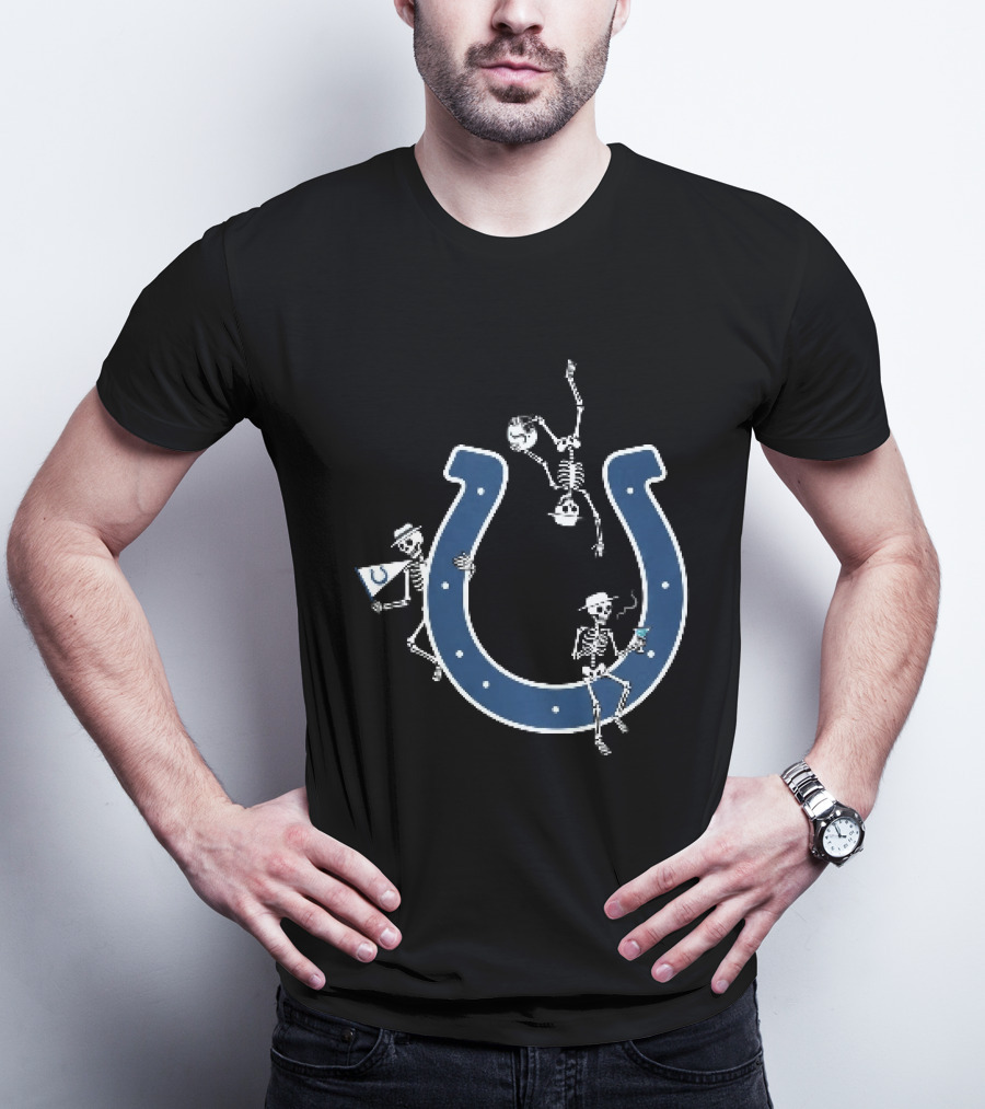 Indianapolis Colts Skeletons Celebrating With Hats And Drink By Horseshoe T-Shirt