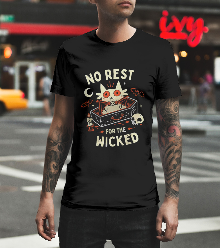 No Rest For The Wicked Vampire Cat Halloween Humor With Bats And Skull T-Shirt