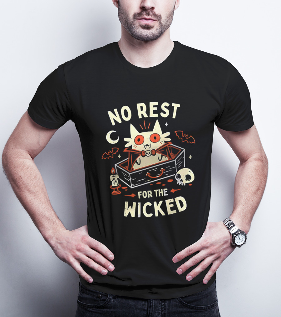 No Rest For The Wicked Vampire Cat Halloween Humor With Bats And Skull T-Shirt