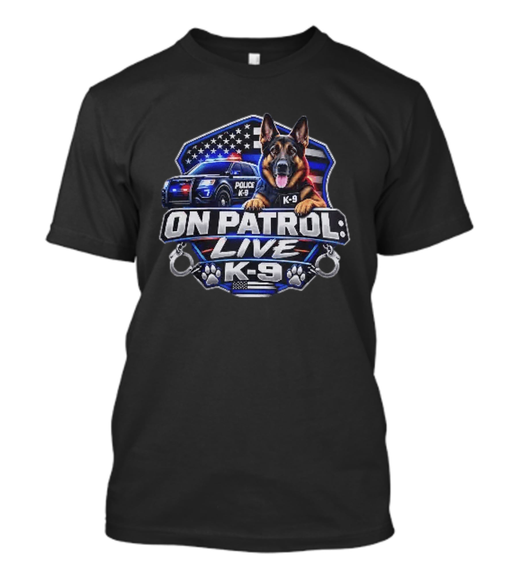 On Patrol Live K 9 German Shepherd Police Dog Badge American Flag T-Shirt