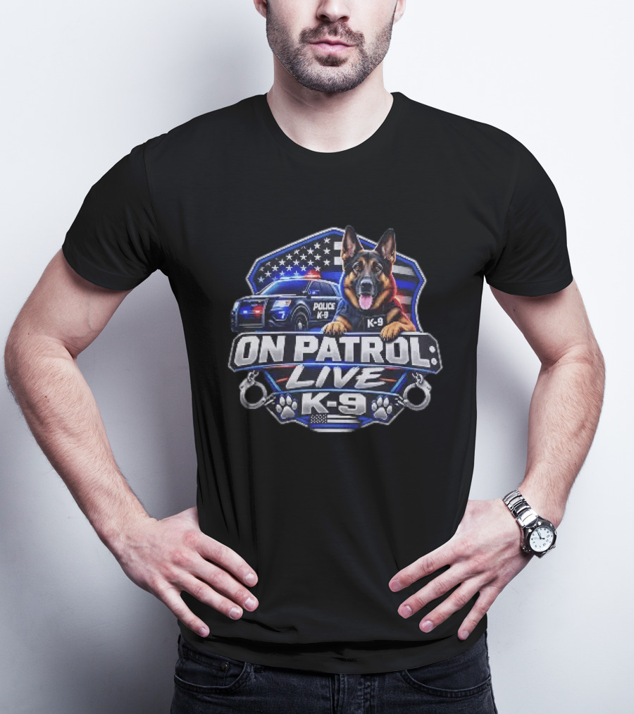 On Patrol Live K 9 German Shepherd Police Dog Badge American Flag T-Shirt