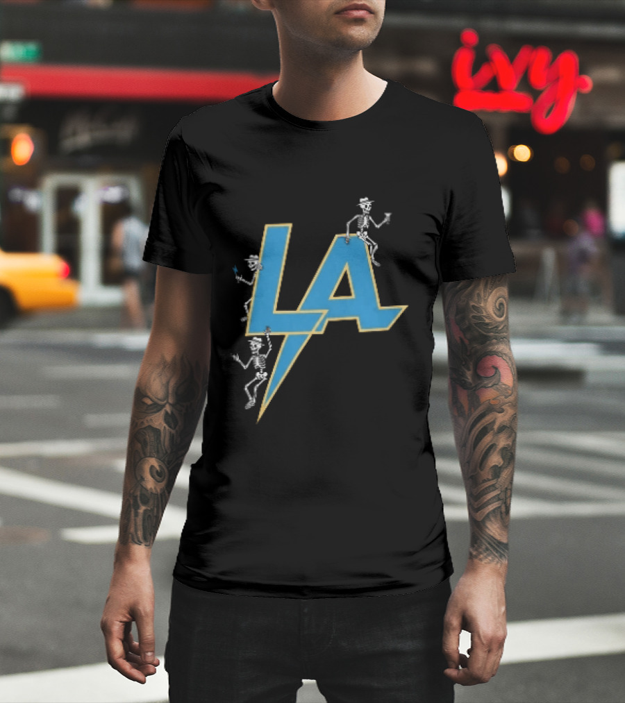 Los Angeles Chargers Skeletons On LA Lettering With Lightning Bolt T-Shirt