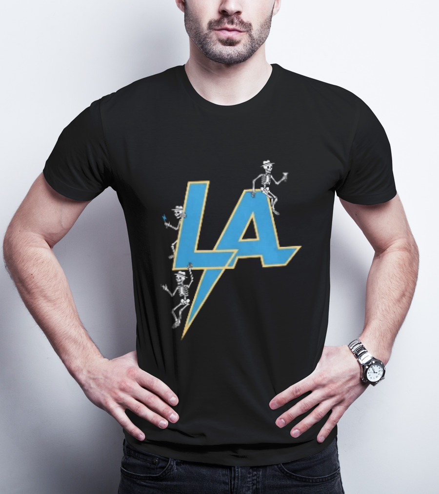Los Angeles Chargers Skeletons On LA Lettering With Lightning Bolt T-Shirt