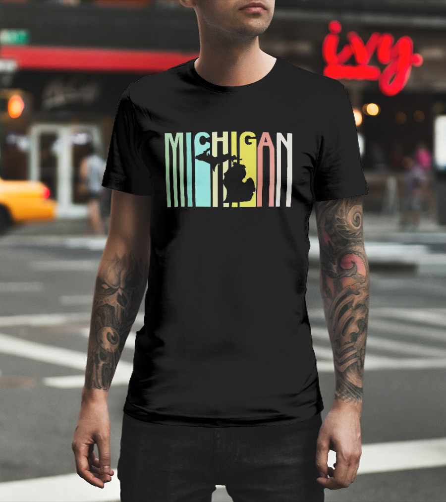 Michigan Colorful Vertical Stripe Map T-Shirt