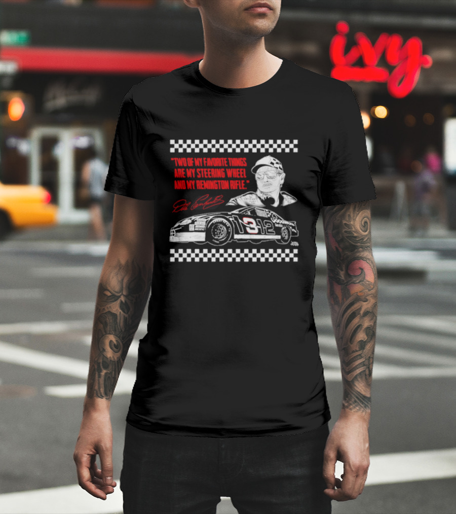 Two Of My Favorite Things Are My Steering Wheel And My Remington Rifle Racing Car 3 Checkered Flag T-Shirt