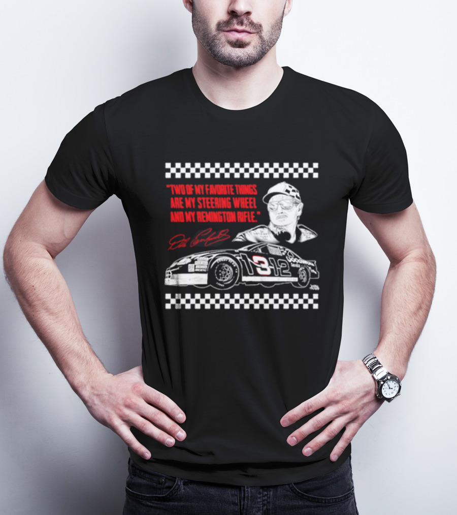 Two Of My Favorite Things Are My Steering Wheel And My Remington Rifle Racing Car 3 Checkered Flag T-Shirt