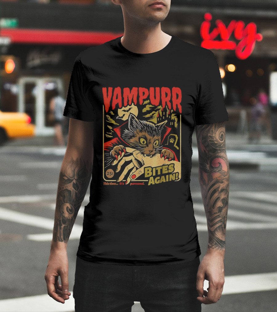 Vampurr Bites Again Vampire Cat Halloween Vintage Spooky Paws T-Shirt