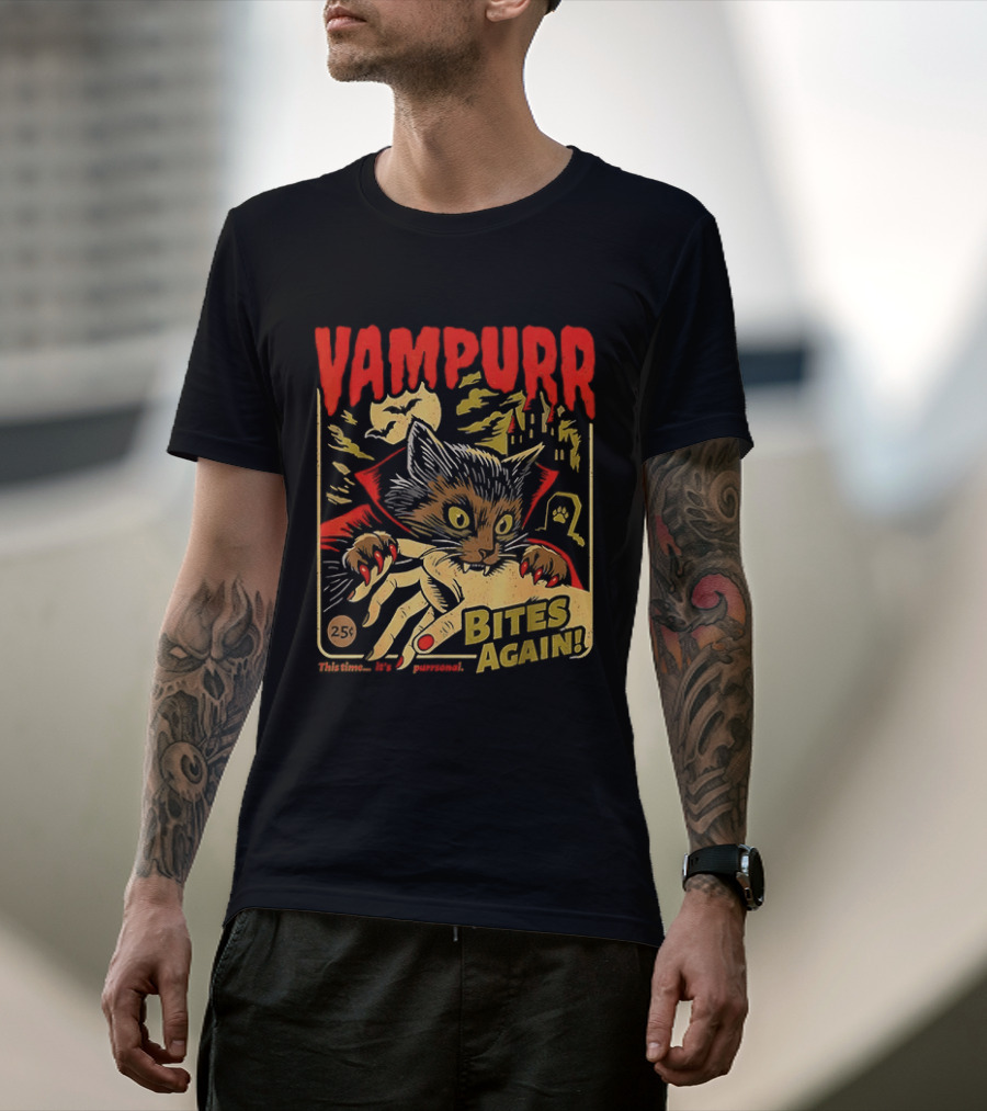 Vampurr Bites Again Vampire Cat Halloween Vintage Spooky Paws T-Shirt