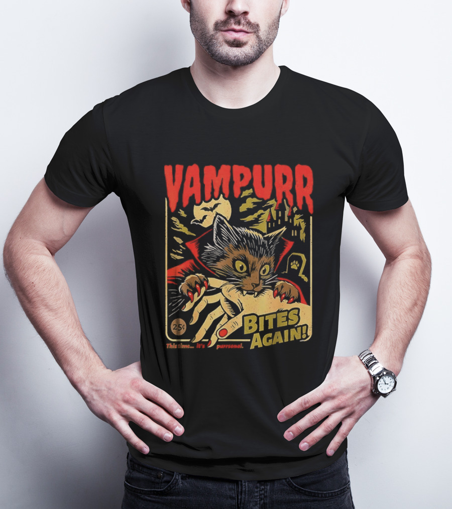 Vampurr Bites Again Vampire Cat Halloween Vintage Spooky Paws T-Shirt