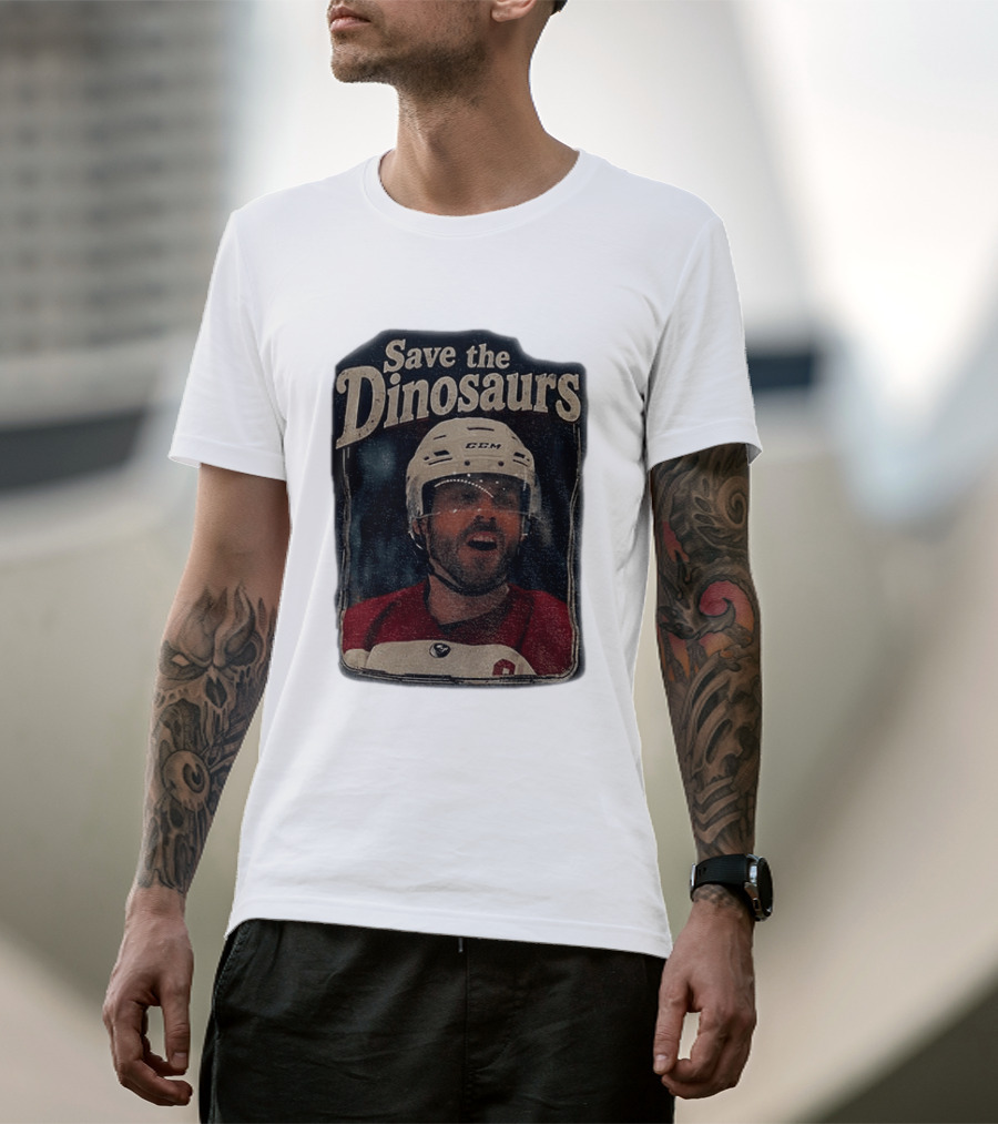 Connor Storrie Wearing Scott Hunter Save The Dinosaurs CCM Hockey T-Shirt