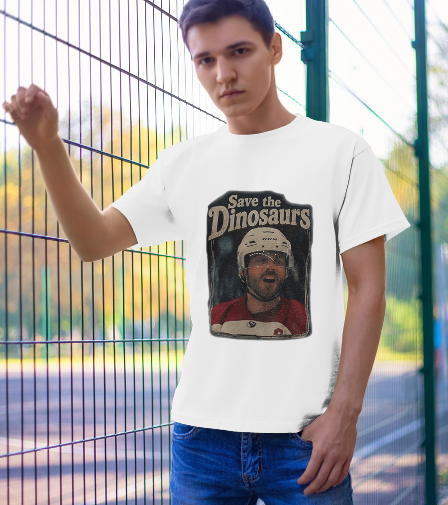 Connor Storrie Wearing Scott Hunter Save The Dinosaurs CCM Hockey T-Shirt
