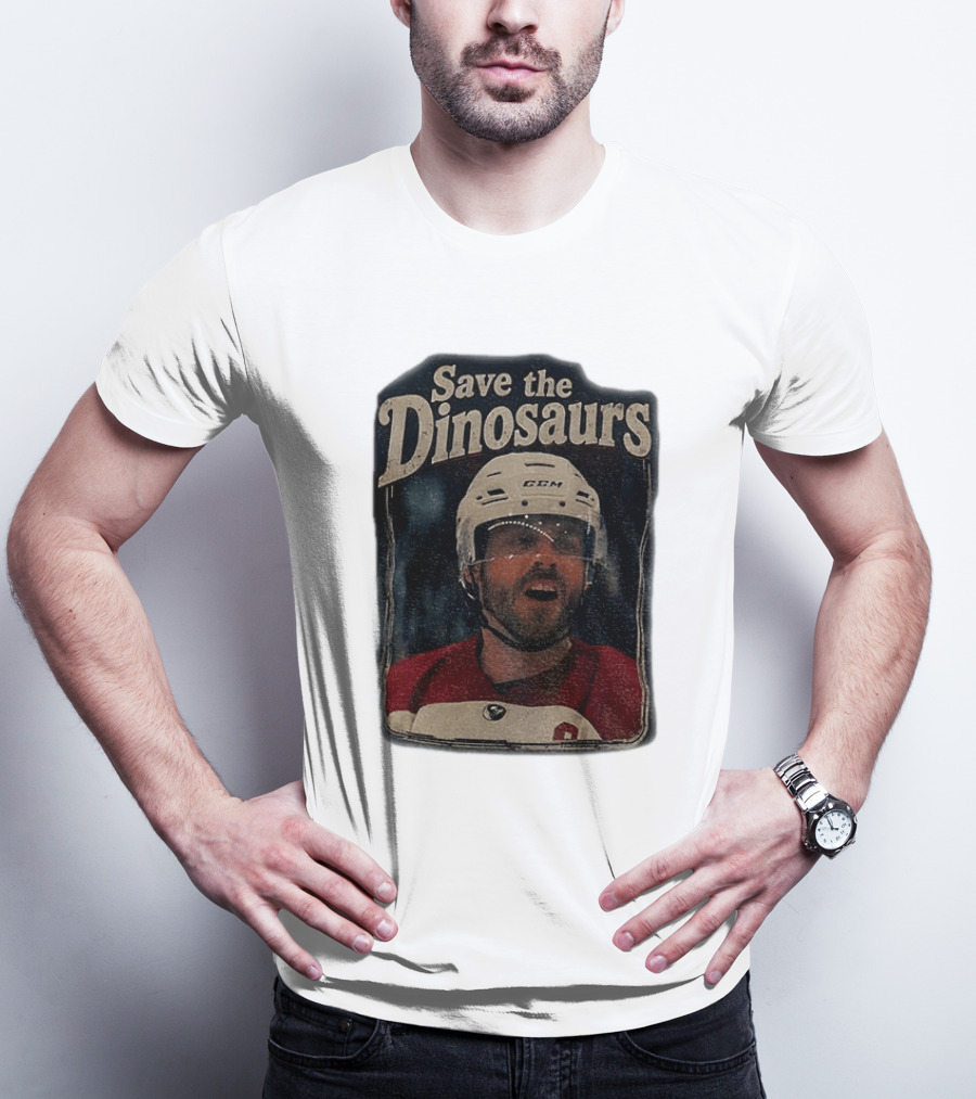 Connor Storrie Wearing Scott Hunter Save The Dinosaurs CCM Hockey T-Shirt