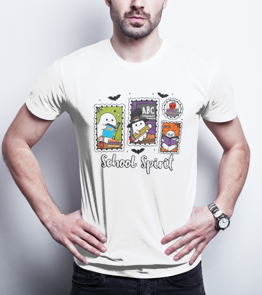 School Spirit Ghosts Holding Books Halloween Postage Stamps ABC Bats T-Shirt