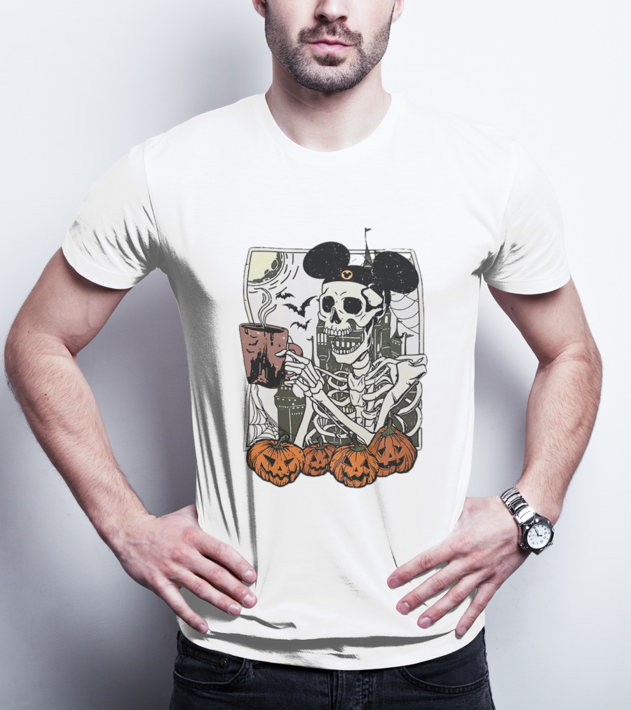Spooky Skeleton With Coffee Mouse Ears Pumpkins Bats Halloween 2026 T-Shirt