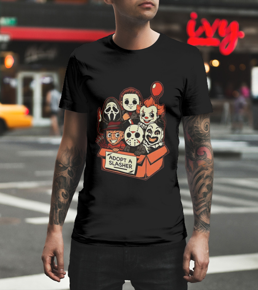 Adopt A Slasher Horror Characters Halloween Box With Iconic Balloon And Masked Monsters T-Shirt