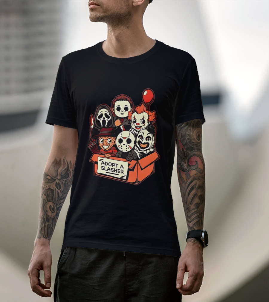 Adopt A Slasher Horror Characters Halloween Box With Iconic Balloon And Masked Monsters T-Shirt