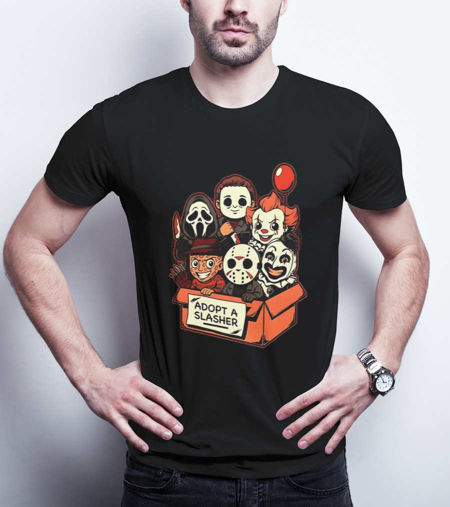 Adopt A Slasher Horror Characters Halloween Box With Iconic Balloon And Masked Monsters T-Shirt