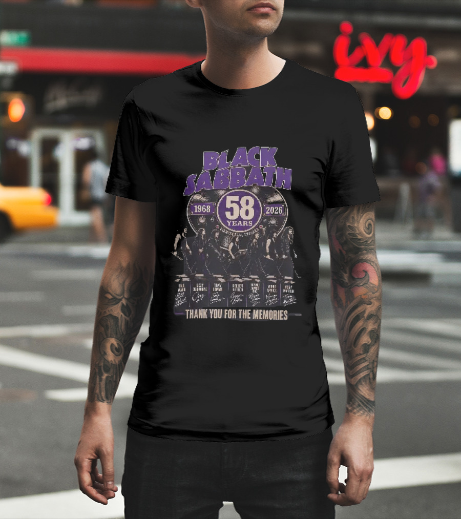 Black Sabbath 58 Years 1968 2026 Birmingham England Thank You For The Memories Ozzy Osbourne Tony Iommi Geezer Butler Bill Ward T-Shirt